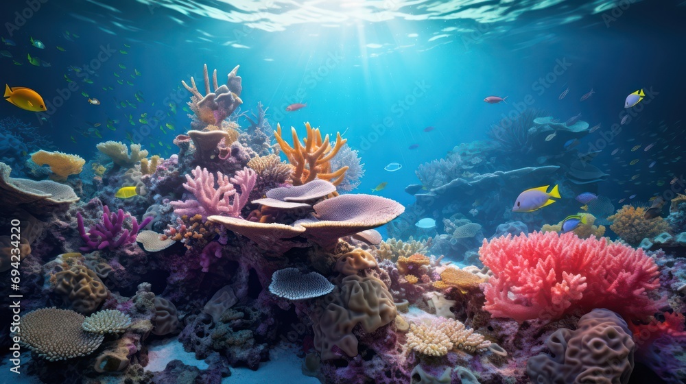 Photo of coral reefs in shallow seas, filled with marine plants and ...
