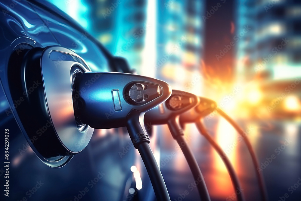 Electric car charger plugged in a vehicle socket in a parking lot ...