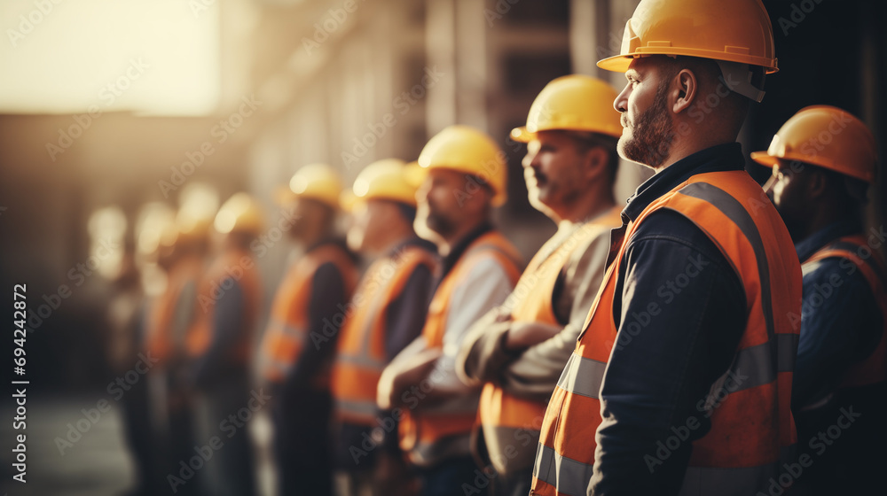 Construction workers line up at construction site with yellow safety ...