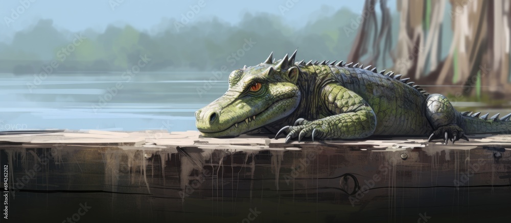 A young alligator by a river, with green skin, striped tail, closed ...