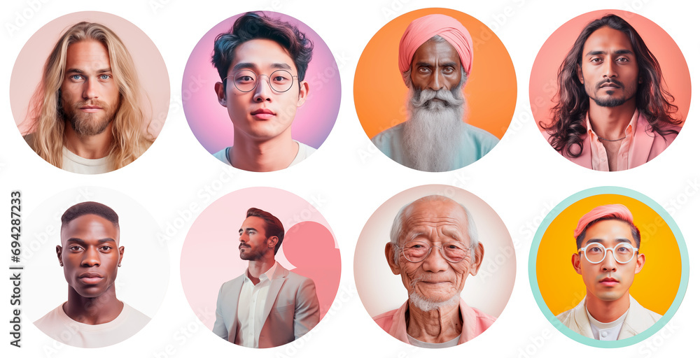 A collection of portraits of diverse men of different nationalities and ...