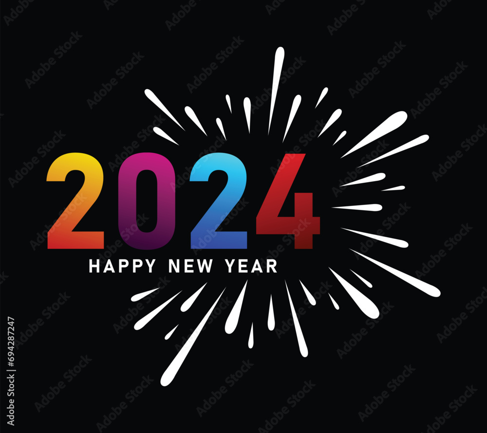 Happy New Year 2024 card holiday with a black background. 2024 abstract ...