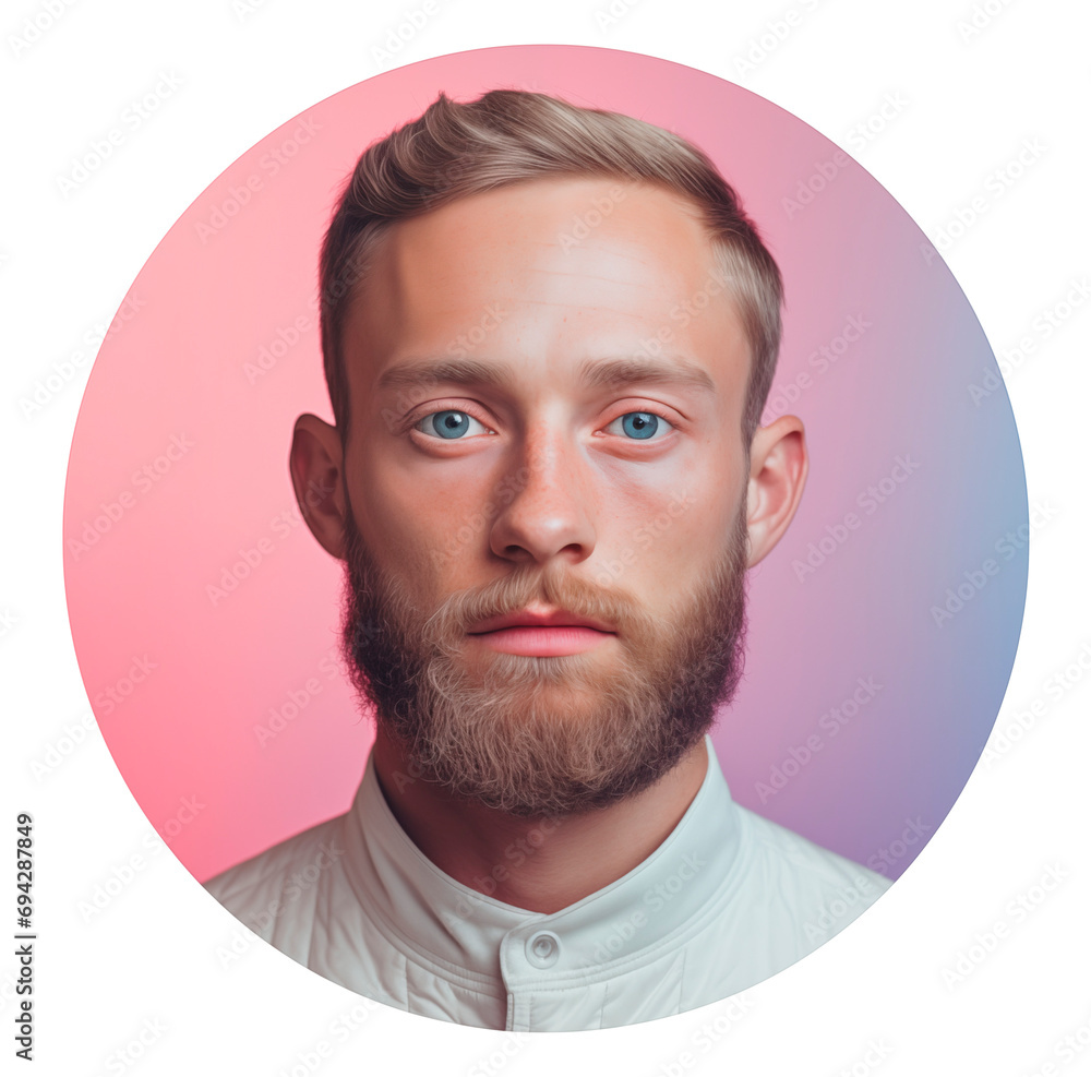 Portrait of a young man with a beard. Full face of a man with blue eyes ...