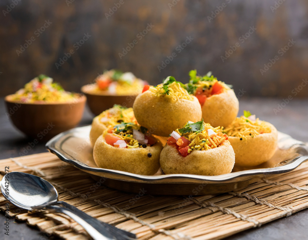 sev puri indian snack and a type of chaat Stock Photo | Adobe Stock