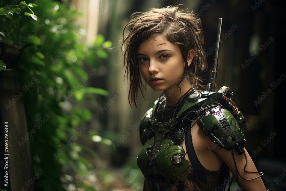 Cyberpunk girl with short hair, cybernetic robotic legs and arms. scene ...