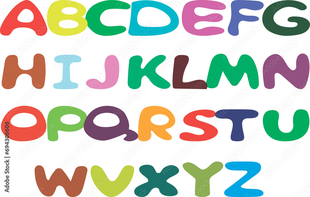 English alphabet. Cartoon font with thick letters. Multi-colored ...