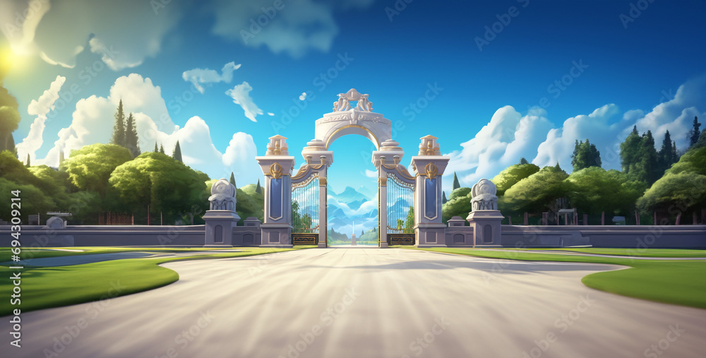 people walking in park, castle background on mountain, castle on ...