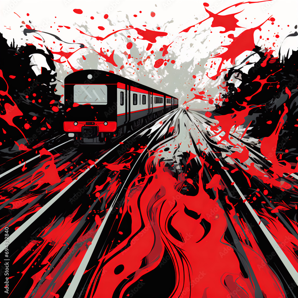 Dystopian Train Illustration: Surreal Horror Splash Pattern with Red ...