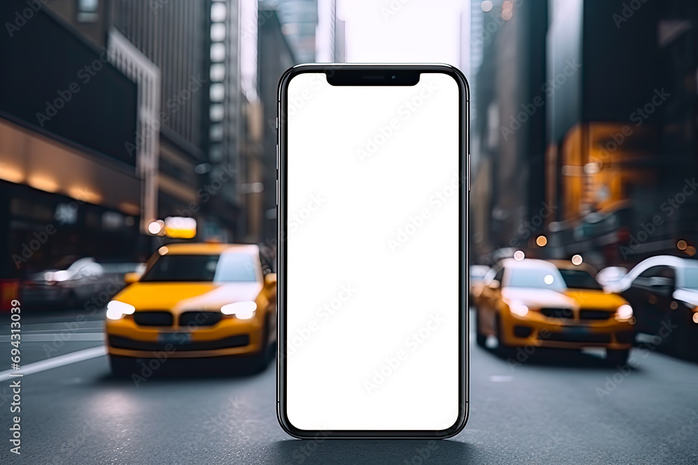 Smartphone with cut-out screen on urban street with taxis. Cut out ...