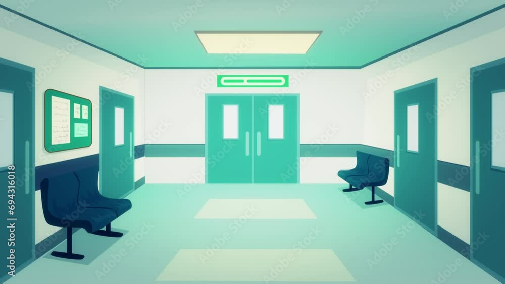 Hospital corridor waiting hall with information board chairs doors and ...