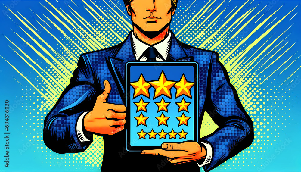 Stylized pop art illustration of a man in a blue suit holding up a ...