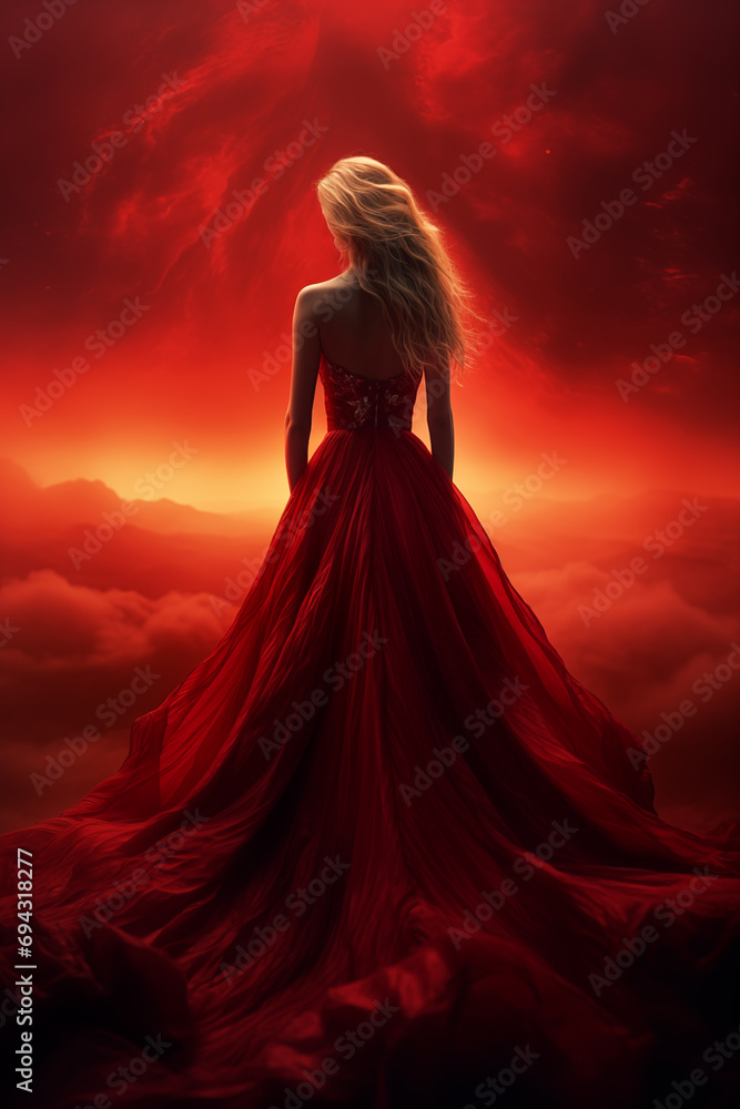 back view of a pretty young woman wearing a long flowing red dress ...