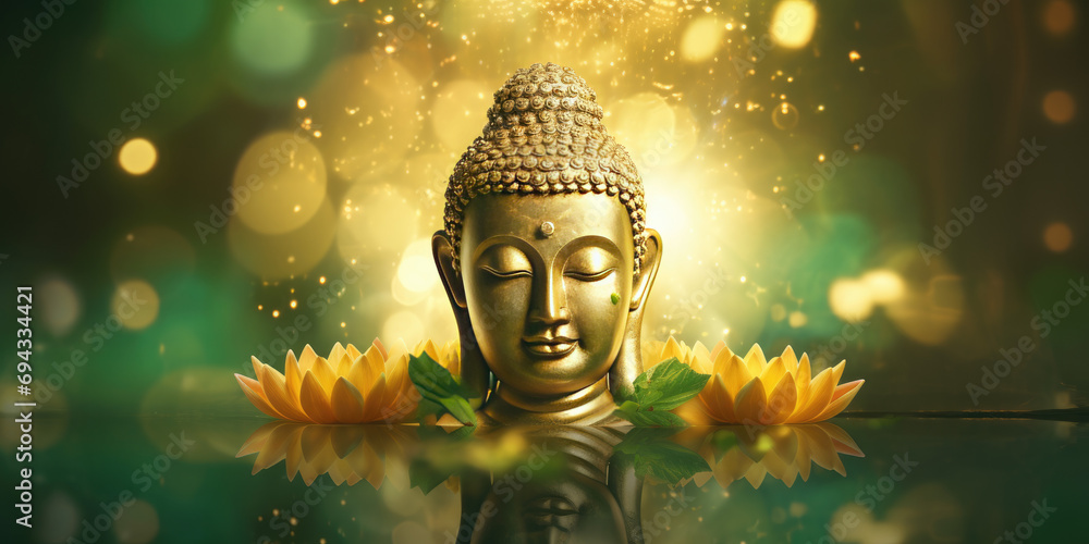 glowing golden buddha head with halo chakra around head, nature green ...
