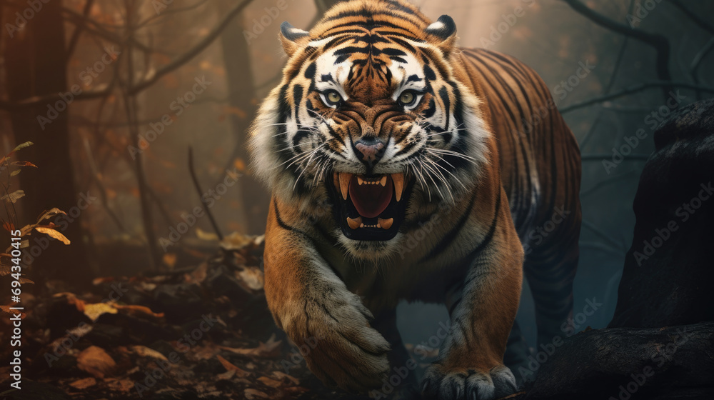The big siberian tiger stood up and roared showing its sharp fangs with ...