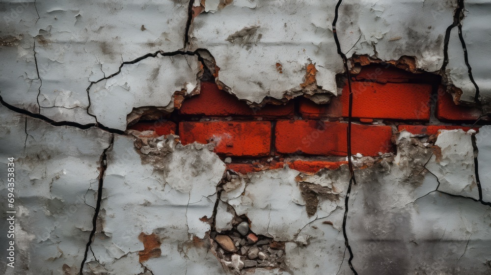 Destroyed, cracked wall. Falling off plaster, a gap in the wall with ...