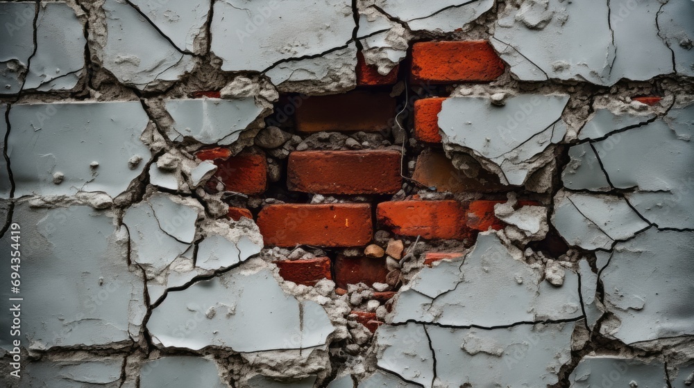 Destroyed, cracked wall. Falling off plaster, a gap in the wall with ...