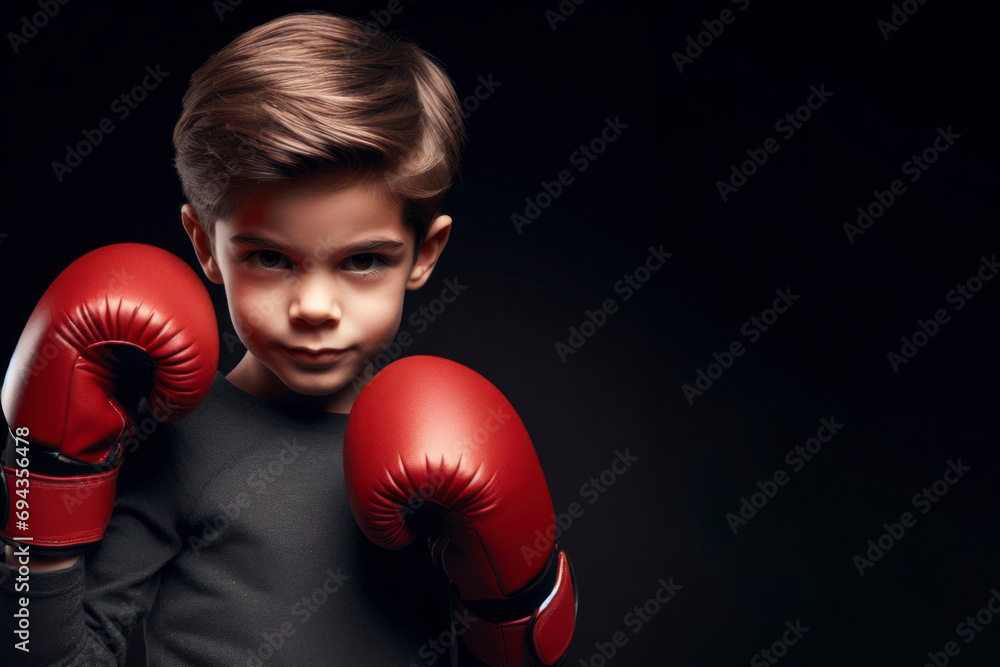 angry kid boy wearing red boxing gloves, confident smiling expression ...