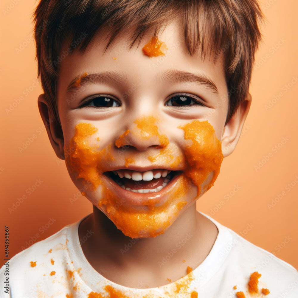 Joyful expression on face of child smeared with food against background ...