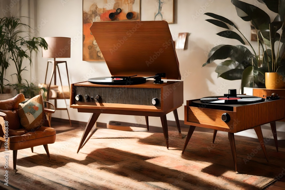 A vintage record player setup in a retro-inspired music room with vinyl ...