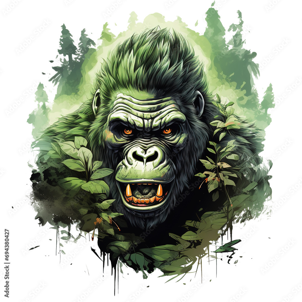 Image of angry gorilla head and there is a forest as the scene on ...