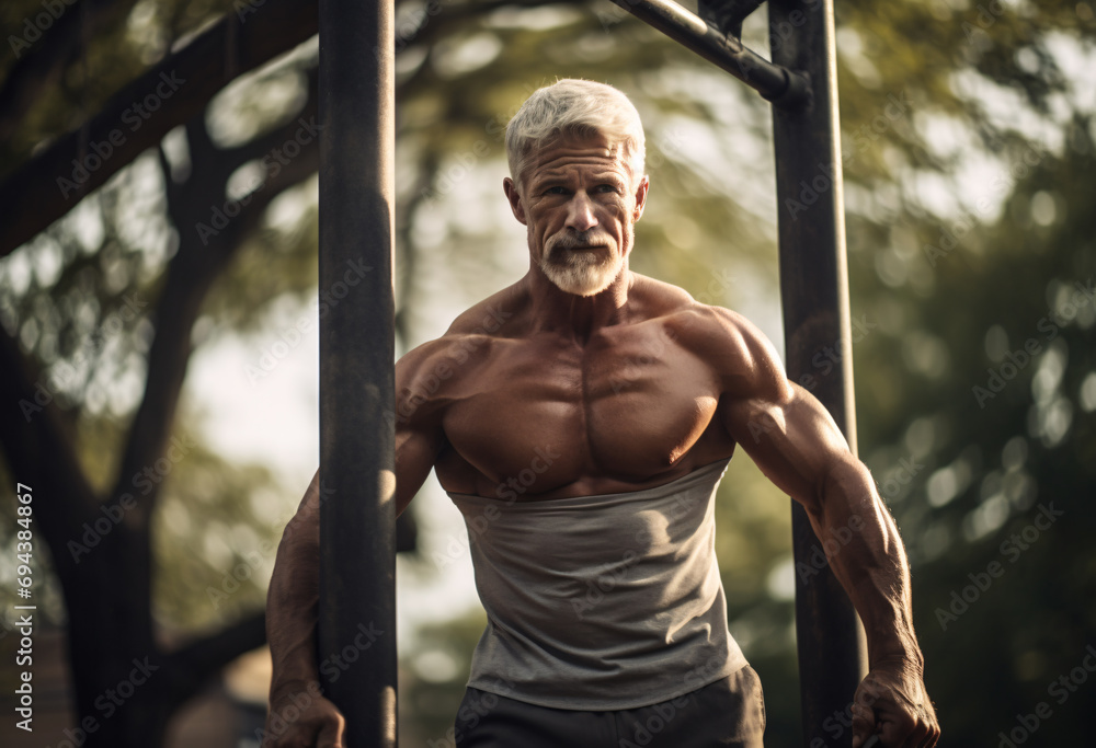A shirtless 60s year old older man standing showcasing his well ...