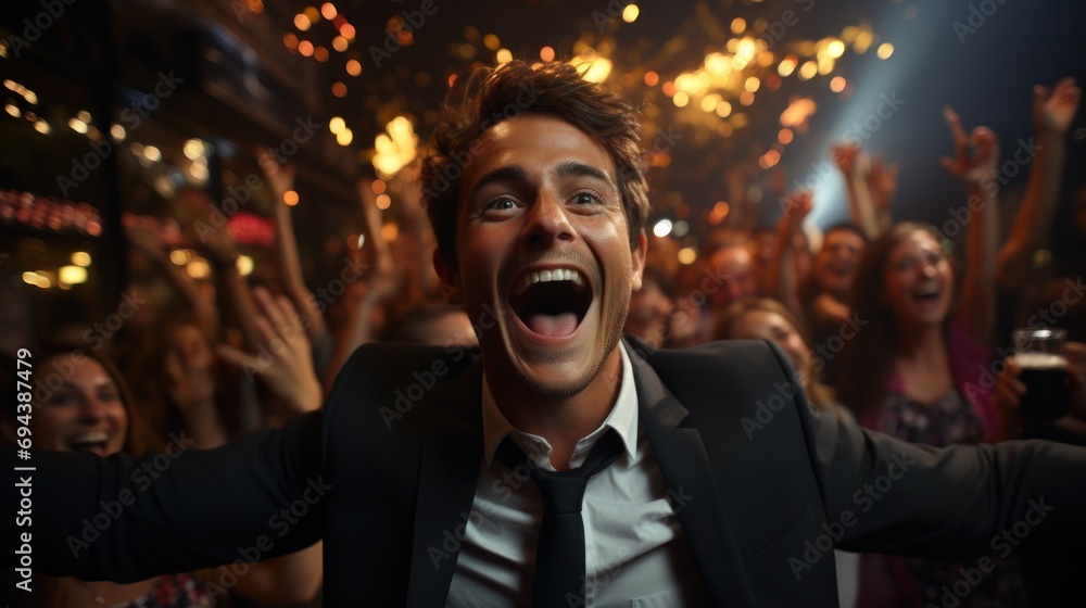 Exuberant young man in a suit celebrating with a joyous crowd at a ...