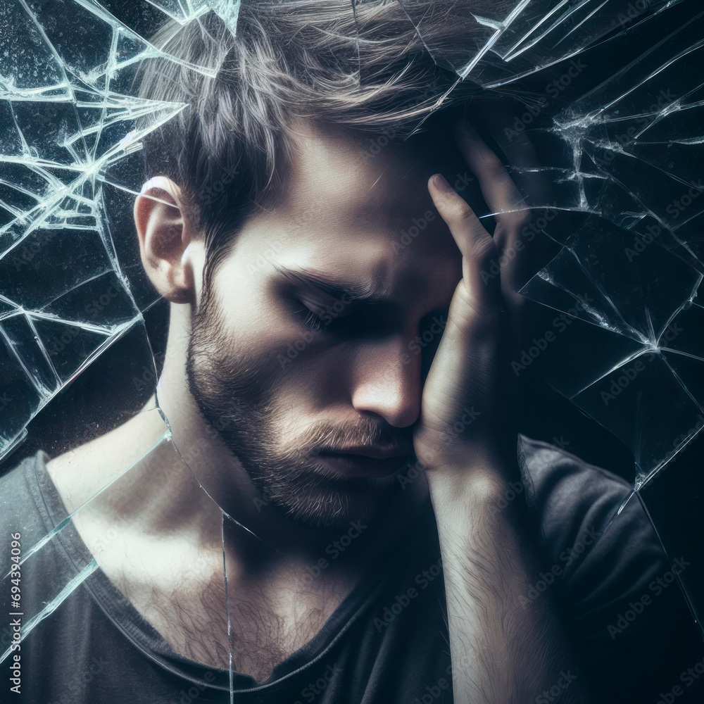 Portrait of a young sad man against the background of broken glass ...