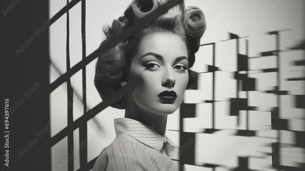 Modernist collage of black and white 1950s lady. Horizontal cinematic ...
