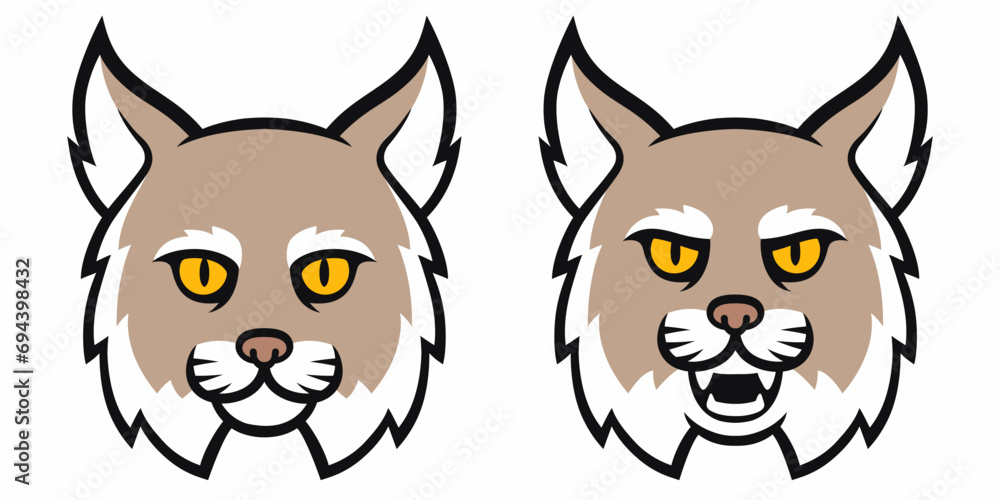 Cartoon bobcat head set. Traditional comic style lynx, roaring and calm ...