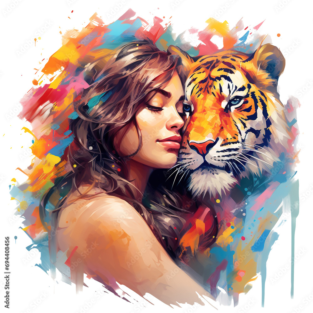 Image of woman and big tiger expressing friendship on transparent ...