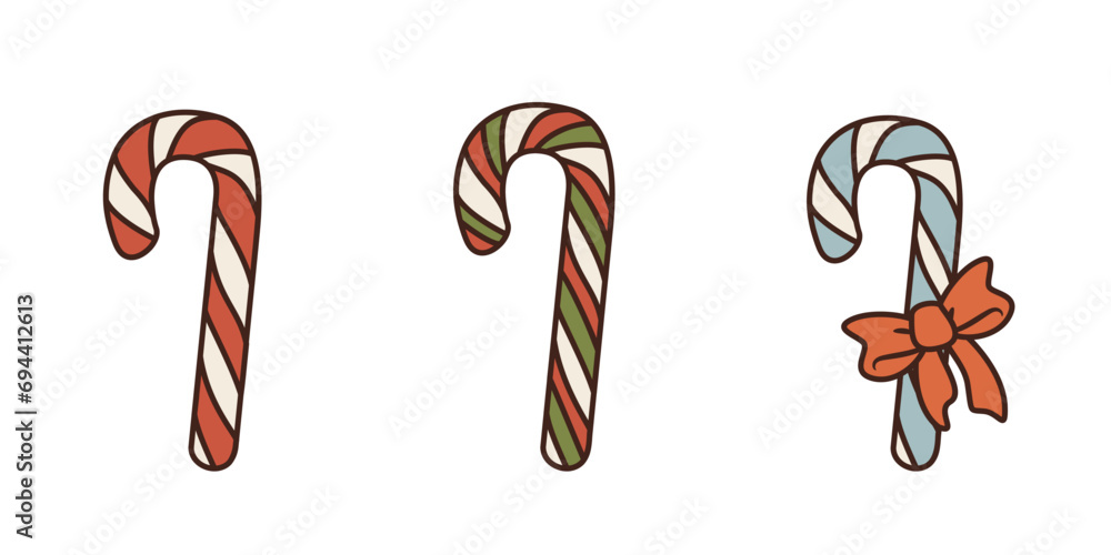 Vector set of three different retro candy canes. Isolated red caramel ...