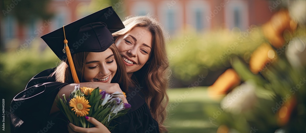 Mother and daughter celebrating graduation at university with diploma ...