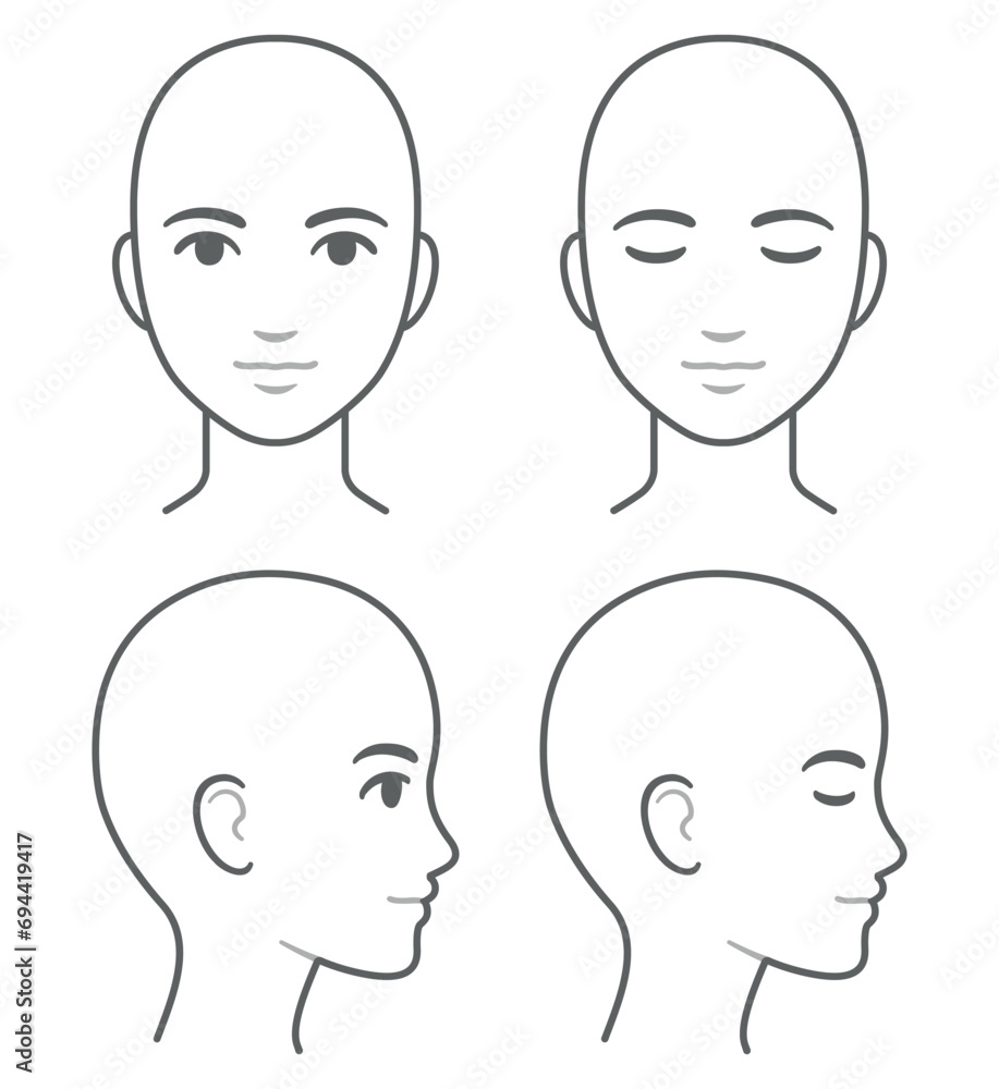 Woman face and head profile diagram (without hair), eyes open and ...