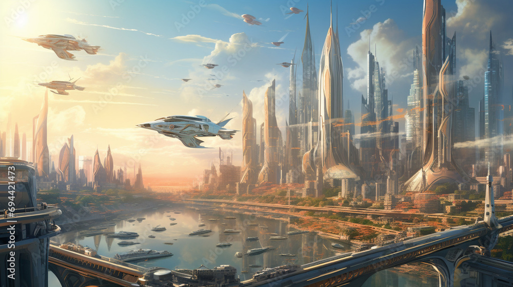 City of the future. Future megacity. Transportation of the future ...