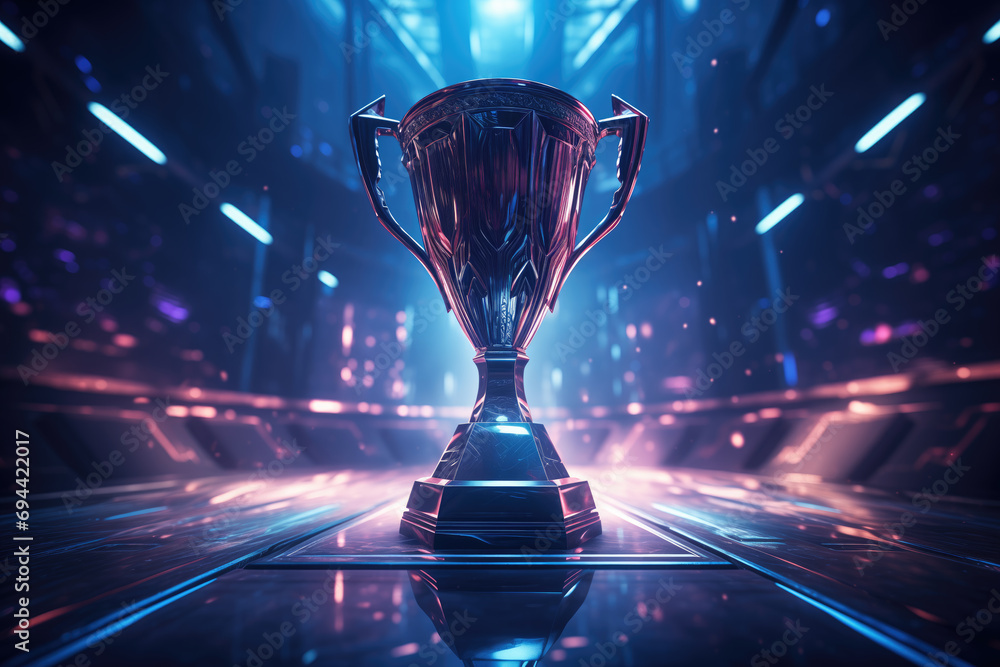The esports winner trophy standing on the stage in the middle of the ...