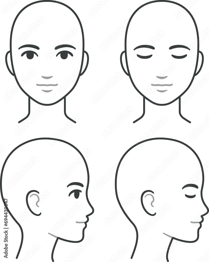 Woman face and head profile diagram (without hair), eyes open and ...