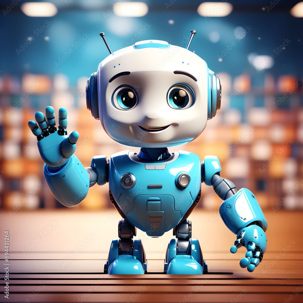 Captivating image of a blue cute robot, hand raised in eager curiosity ...