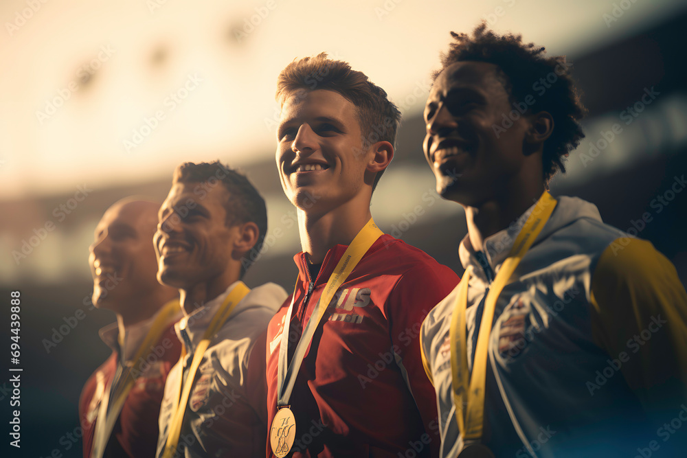 Portrait of smiling sports athletes with medals on pedestal ai ...