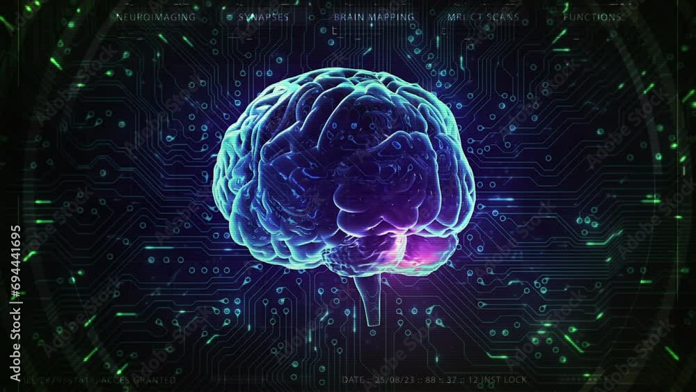Rotating Brain Model with Neural Network Iridescent Impulses Showing ...