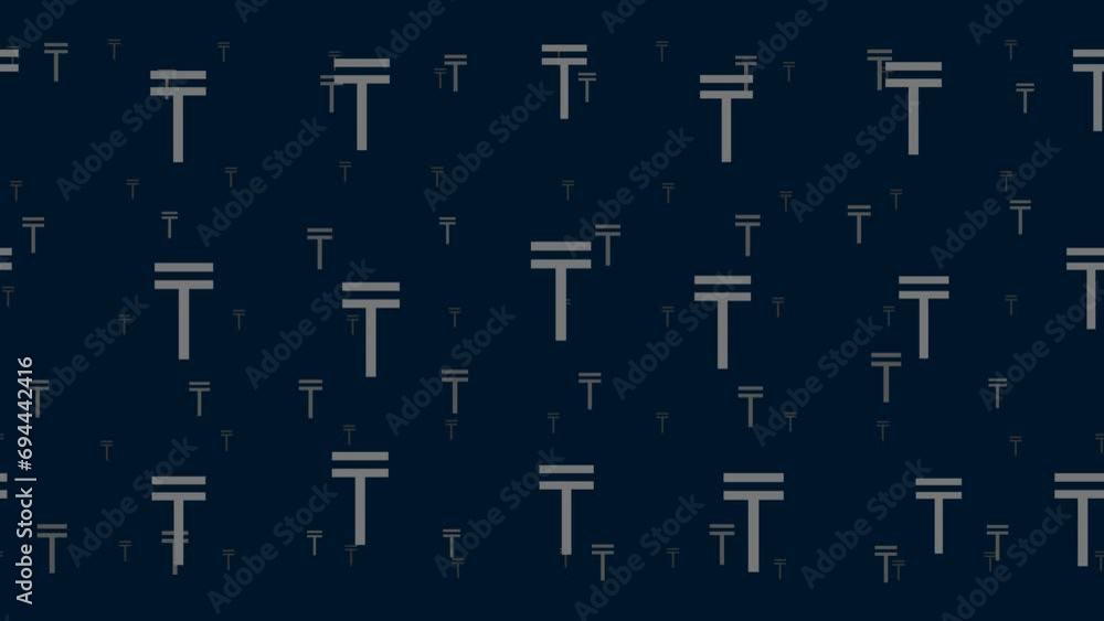 Tenge symbols float horizontally from left to right. Parallax fly effect. Floating symbols are ...