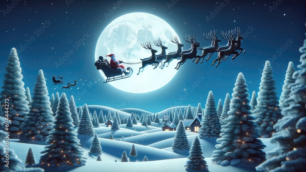 Merry Christmas background scene with Santa Claus on sleigh in a starry ...