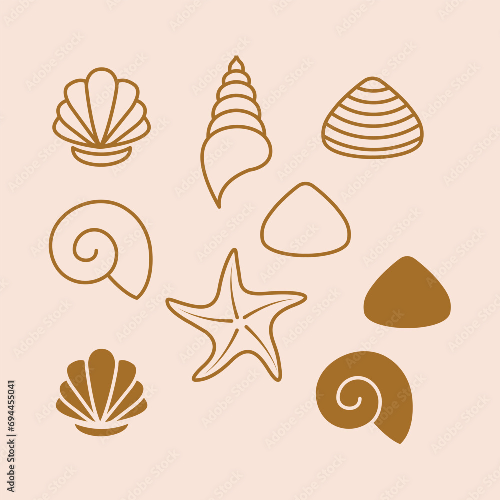 seashells and starfishes. Continuous one line drawing of oyster mollusk ...
