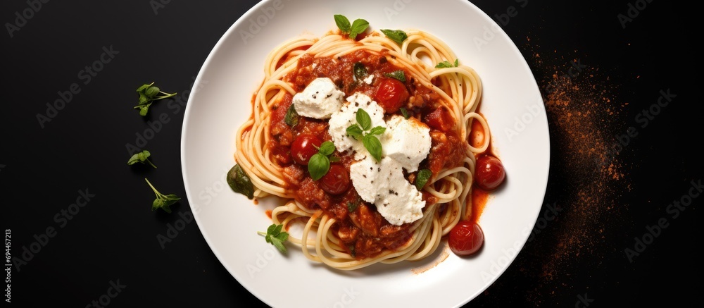 Bird's eye view of a Mexican pasta dish made with al dente spaghetti ...