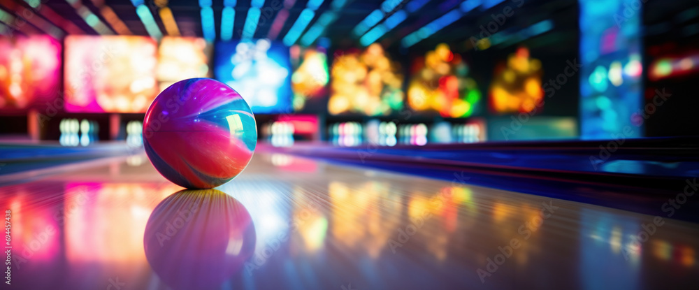 Bowling ball poised against the vibrant alley backdrop, ready for a ...