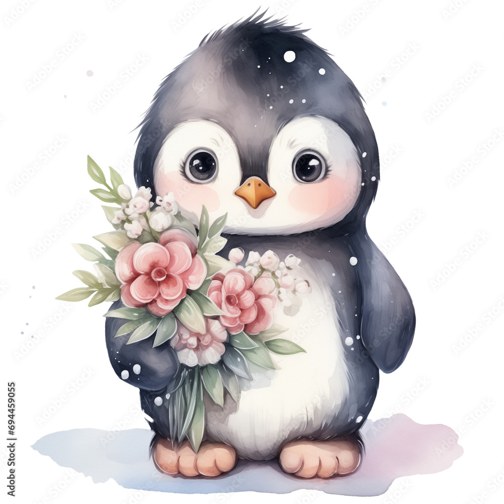 Cute Penguin in love with a bouquet of flowers, Penguin Valentine ...