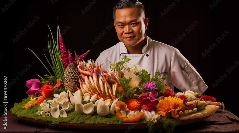 A renowned Filipino chef creating a piece of edible art resembling a ...