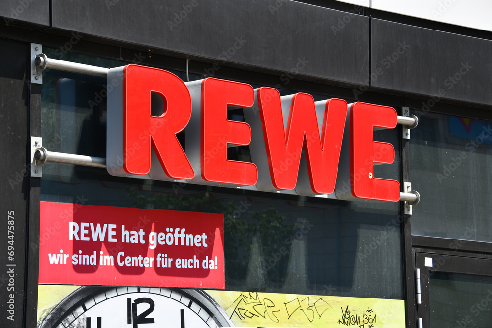 Berlin, Germany - June 8, 2023: REWE logo in Berlin, Germany - REWE is ...