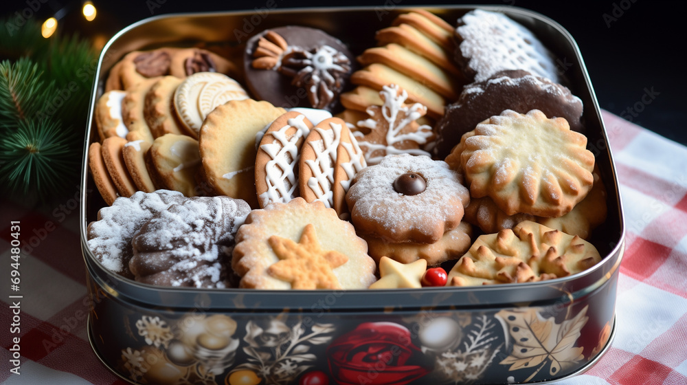 Boîte en fer remplie de gâteaux de Noël alsaciens appelés bredele ...