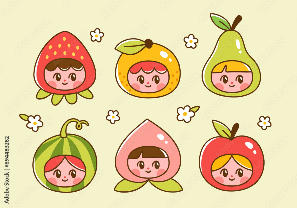 Cute fruit and berry characters. Vector illustration of girls wearing ...