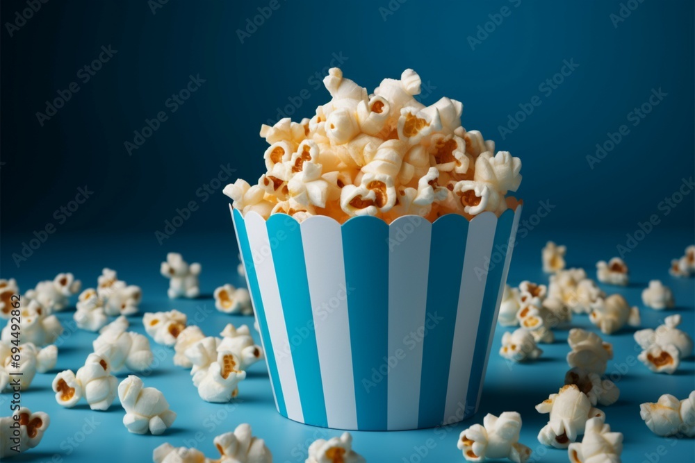 Cinematic delight Blue popcorn box on a white background snack Stock ...